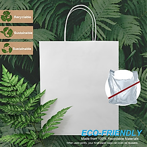 White Paper Bags with Handles, 50 Count 10x6.75x12 Inches White Kraft Paper Bags for Wedding bags, Gift bags, Food bags, Shopping bags, Grocery bags, Storage bags, Lunch bags, Take Out bags, Retail bags and More, Reusable, Eco-friendly and Sustainable 107