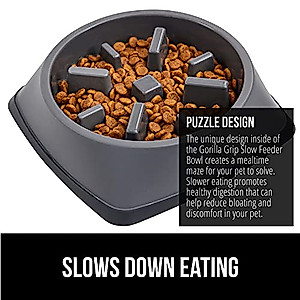 Gorilla Grip Slip Resistant Slow Feeder Dog Bowl, 4 Cups, Slows Down Pets Eating, Prevents Overeating, Feed Small and Large Breed Puppy, Fun Puzzle Design, Dogs Pet Bowls, Dry and Wet Food, Charcoal