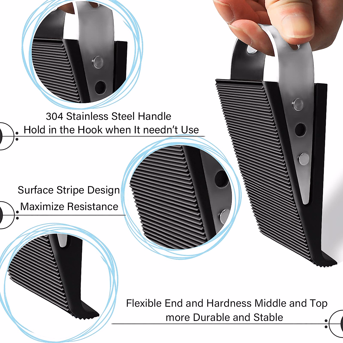 Shackcom Door Stopper, 2 Pack Black Heavy Duty Wedge That Holds Doors Firmly and Doesn’t Budge, Made of Rubber and Stainless Steel, Works on All Floor Surfaces, with Hanger which Easy to Storage