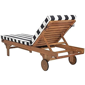 SAFAVIEH Outdoor Collection Newport Natural/ Black & White Stripe Cushion Built-in Side Table Adjustable Chaise Lounge Chair