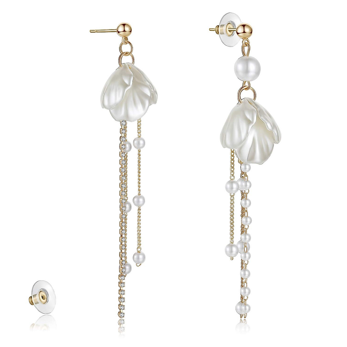 Kruckel Peach Blossom Floral Long Drop Dangling Earrings - Golden Studs with White Pearls, Jewelry for Women,Easy - Wear Fashion Design Accesory Packed with Durable Jewelry Box