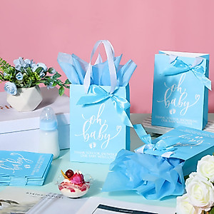 PerKoop 50 Pack Baby Shower Gifts Bag with Tissue Papers Baby Shower Bag with Handle Paper Gift Bag and 50 Sheets Decorative Tissue Paper for Guests Gifts Gender Reveal Baby Shower Favors (Blue)