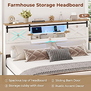 Hasuit Farmhouse Bed Frame King Size with LED Lights and Charging Station, Wooden King Bed with 2 Storage Drawers, Rustic Headboard with Sliding Barn Door Storage Cabinets, White