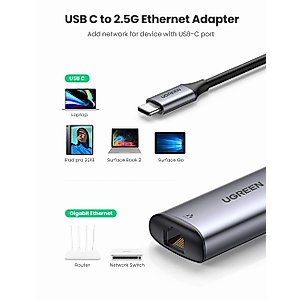 UGREEN USB C Ethernet Adapter 2.5G Gigabit Network Adapter Thunderbolt 3 RJ45 LAN Converter for iMac 2021 M1, MacBook Pro/Air, iPad Pro M1, iPad Air 4, Surface Pro 7, Dell XP15 13, Windows, MacOS, iOS