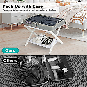 VASMIA Luggage Rack, Folding Suitcase Stand with Storage Shelf,Bamboo Luggage Stand for Guest Room,Bedroon and Hotel,Holds up to 131 lb,Fit Most Luggage Size,White