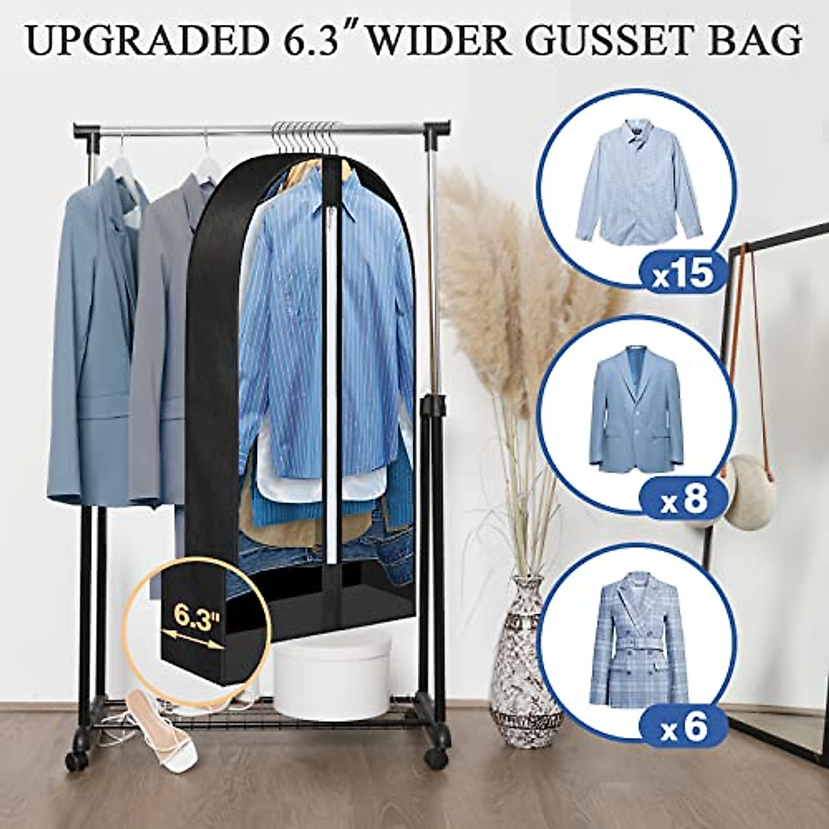 FADOTY 40" Garment Bags for Hanging Clothes 6.3" Gusseted Hanging Garment Bag for Storage Jacket Covers for Closet with Zipper Clear Garment Cover Dustproof for Coats Sweaters, 3 Pack, Black