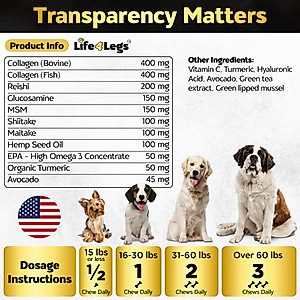Life4Legs - Hip and Joint Chews for Dogs Plus Skin and Coat Supplement - Dog Joint Pain Relief Treats - Glucosamine, Chondroitin, MSM, Hemp Oil, Turmeric, Omega 3 for Dogs, Mobility Bites Dog Health