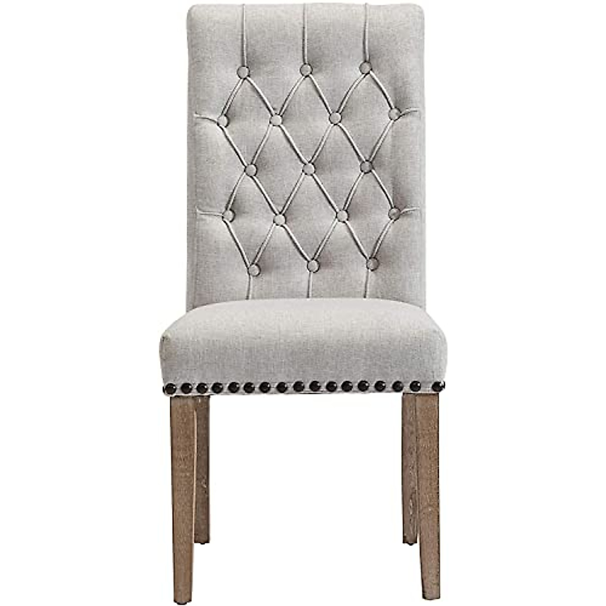 BTEXPERT BB5107GR-2 High Back Tufted Parsons Upholstered Dining Room Chairs Side Solid Wood-Accent Nail Trim, Gray Linen Fabric - Set of 2