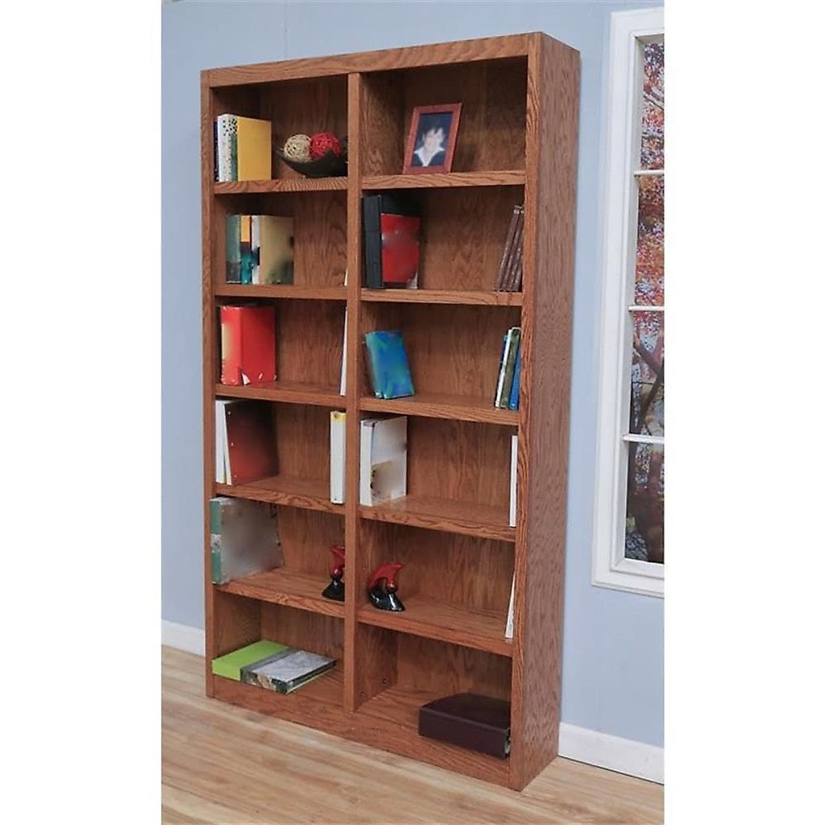 BOWERY HILL 84" Traditional Double Wide Wood Bookcase with 10 Adjustable Shelves and 2 Fixed Shelves, Assembly Required, for Home/Office, in Dry Oak Finish