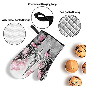 Romantic Paris Street 4pcs Oven Mitts and Pot Holders Sets Kitchen High Heat Resistant Non Slip Oven Glove for Cooking BBQ Baking Grilling