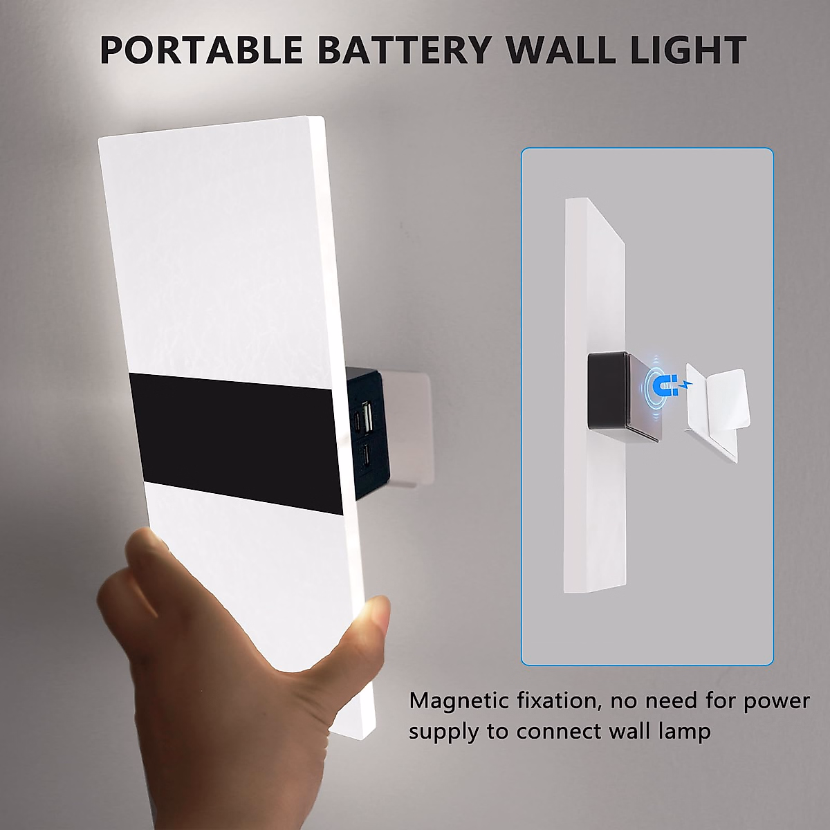 ANKBOY LED Wall Sconces Set of Two Battery Operated with Switch, Cordless Magnetic Wall Lamp Rechargeable USB Bedside Wall Light Fixtures for Bedroom, 3 Brightness Adjustable, Cool White 6000K