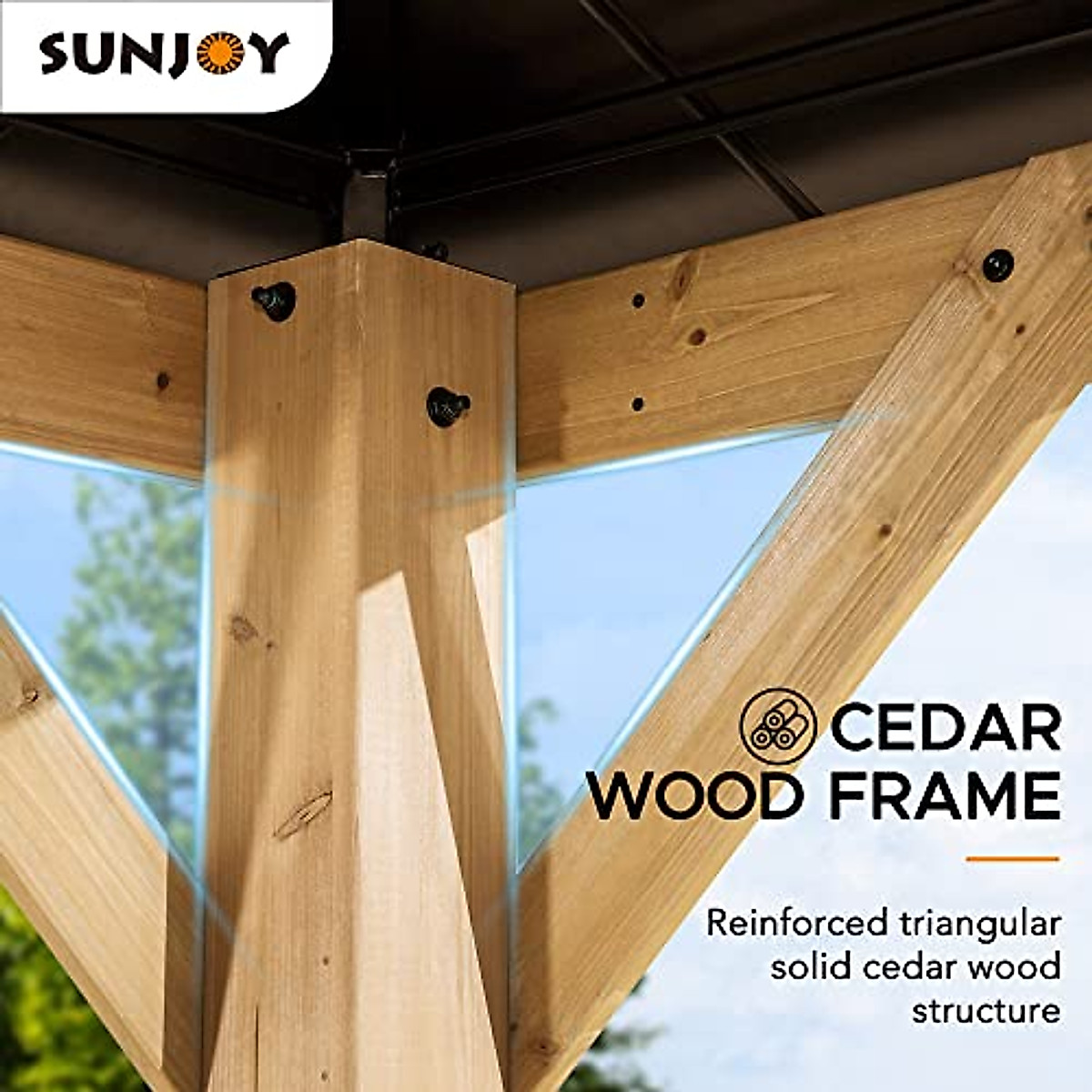 Sunjoy Hardtop Gazebo 13 x 15 ft. Standard Cedar Framed Wood Gazebo with Brown Steel and Polycarbonate Hip Roof Hardtop for Garden, Backyard Shade, Brown Roof + Natural Wood Frame