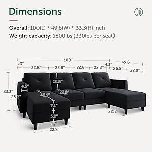 HONBAY Reversible Sectional Couches for Living Room, Sectional Couch U Shape, 4 Seat Sectional Sofa with Chaise, Dark
