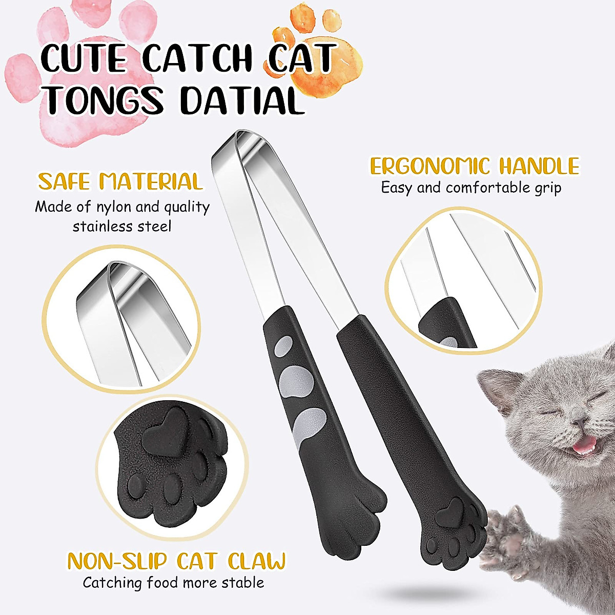 2 Pieces Cat Paw Tongs 7 Inch Cat Kitchen Accessories Stainless Steel Tiny Cooking Tongs for Appetizers BBQ Serving Grilling Sugar Cube (Black)
