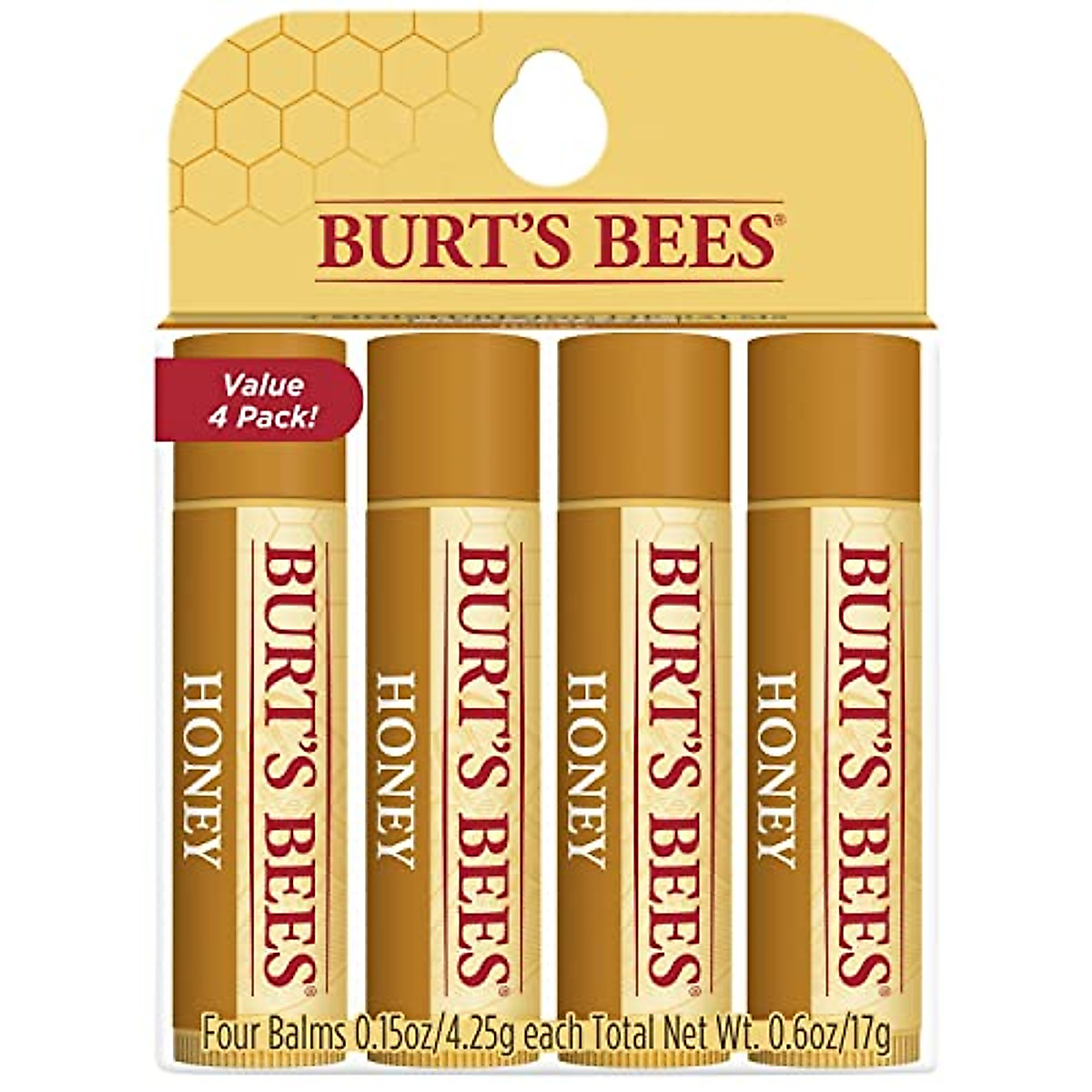 Burt's Bees Lip Balm - Honey, Lip Moisturizer With Responsibly Sourced Beeswax, Tint-Free, Natural Origin Conditioning Lip Treatment, 4 Tubes, 0.15 oz.