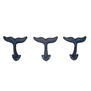 Wowser Navy Blue Whale Tail Cast Iron Wall Hooks, Wall Mounted Decoration, Beach Themed Wall Décor, Set of 3, 4.5 Inches High
