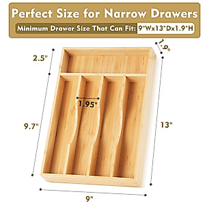 Upassion Bamboo Kitchen Drawer Organizer, 9 Inch Silverware Utensil Holder for Samll Drawer, Narrow Silverware Organizer for Cutlery Knives