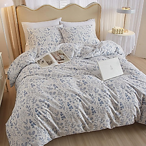 3 Pieces Duvet Cover Queen Size White Bedding Duvet Cover with Blue Floral Print,Soft Cotton Coquette Bedding Comforter Cover Boho Style,Aesthetic Queen Bedding Set with Zipper Closure 4 Ties