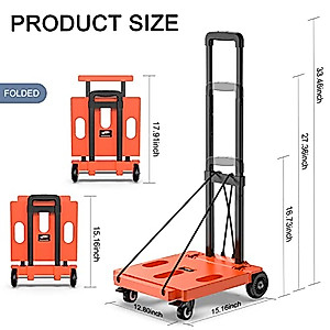 SPACEKEEPER Foldable Hand Truck Dolly, 265 LB Folding Luggage Cart with Wheels, Portable Flatbed Cart Collapsible Hand Truck for Luggage, Travel, Moving, Shopping, Office Use, Orange