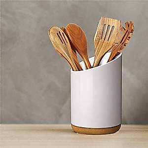 KARRYOUNG Extra-Large Ceramic Kitchen Utensil Holder for Countertop with Acacia Wooden Base - Utensil Caddy, 5.5 x 7.5 Inches，White
