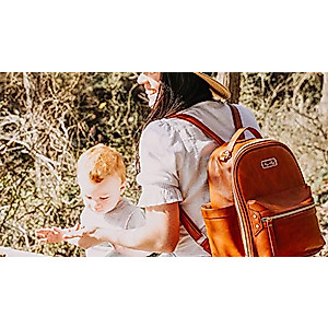 Itzy Ritzy Mini Diaper Bag Backpack - Chic Mini Diaper Bag Backpack with Vegan Leather Changing Pad, 8 Total Pockets (4 Internal and 4 External), Grab-Top Handle and Rubber Feet, Cognac