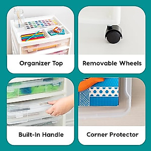 IRIS USA Fits 12" x 12" Paper, 6-Tier Scrapbook Rolling Storage Cart with Organizer Top for Papers Vinyl Tools Office Art and Craft Supplies, Yarn, White Frame with 6 Clear Cases w/ Built in Handle