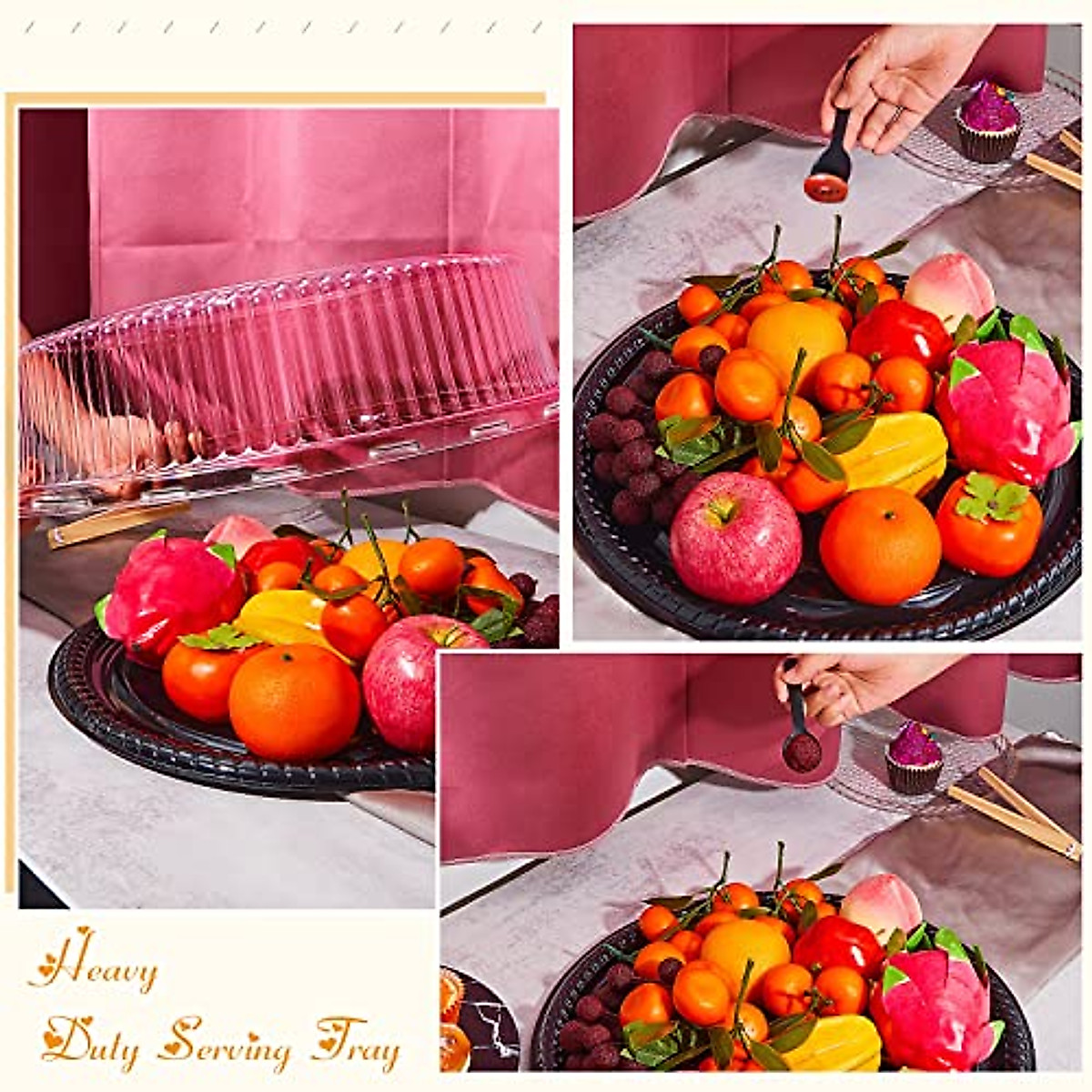 Tessco 12 Pack 16 Inch Heavy Duty Serving Tray with Clear Lid and Sporks, Large Plastic Tray with Elegant Platter Round Black Disposable for Fruit Sandwich Party Takeout Food Catering Picnic