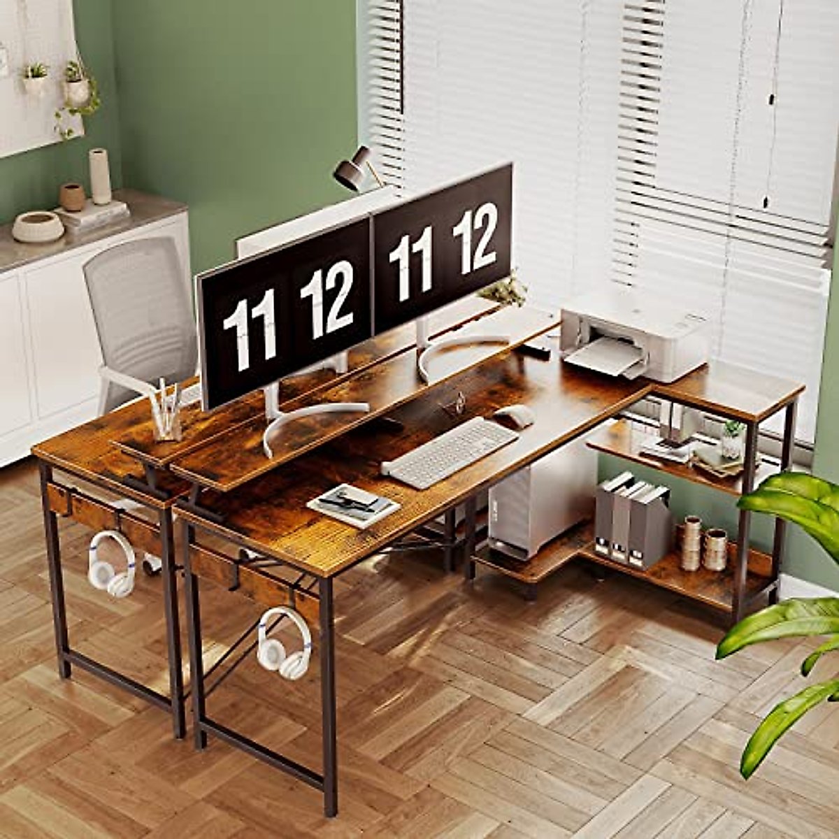 ODK Small L Shaped Desk, 66 inch Corner Desk with Reversible Storage Shelves, Computer Desk with Monitor Shelf and PC Stand for Home Office, Gaming Desk with Headphone Hooks, Rustic Brown