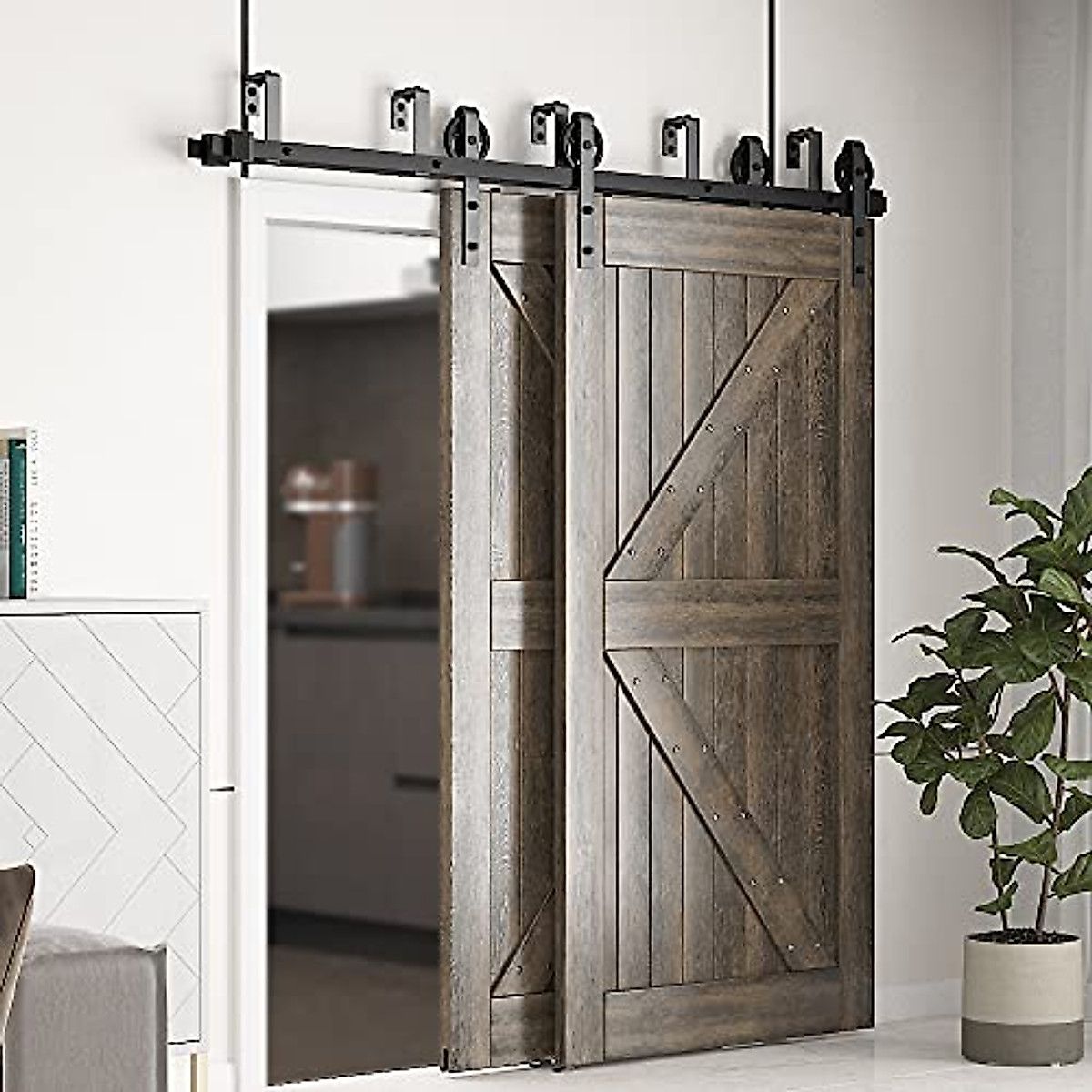 skysen 6FT Low Ceiling Heavy Duty Sliding Barn Door Hardware Double Track Bypass Double Door Kit Black(Bypass Spoke Wheel-2)