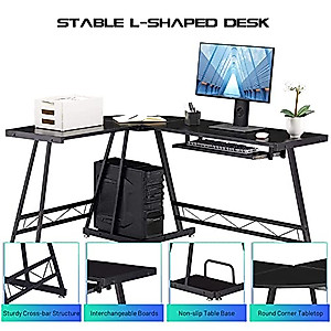 L-Shaped Computer Desk with CPU Stand Home Office Gaming Desk Writing Table Interchangeable Switch Board Computer Workstation PC Laptop Table with Keyboard Tray, Round Corner (Jet Black)
