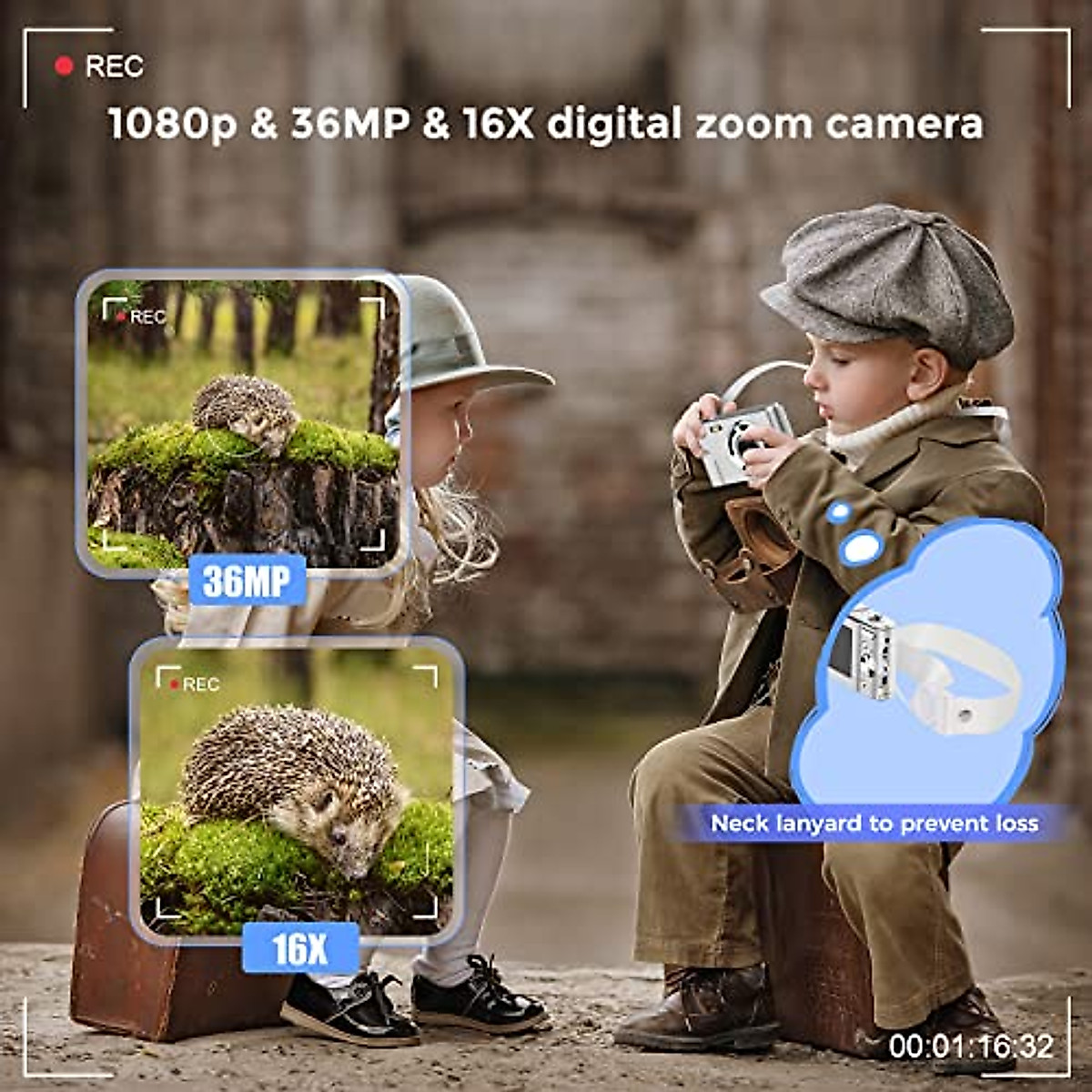 Digital Camera, RUAHETIL Autofocus FHD 1080P 36MP Vlogging Camera for Kids, 16X Zoom 2 Charging Modes Kids Compact Camera Point and Shoot Camera for Kids Teens Students（Silver）