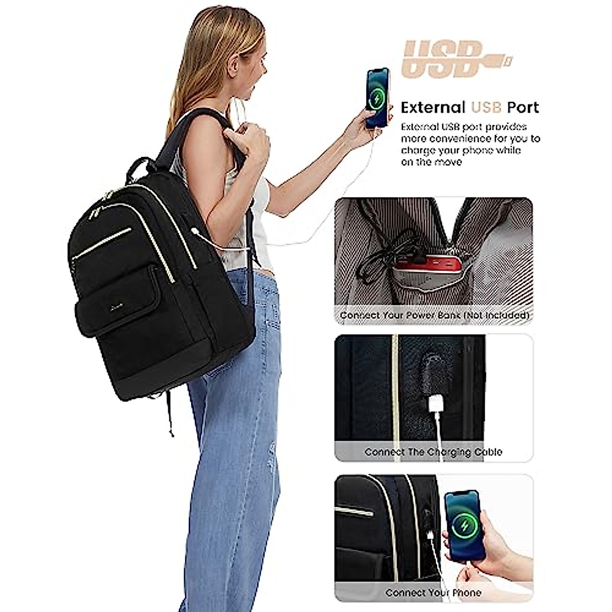 LOVEVOOK Laptop Backpack for Women,15.6 Inch Fashion Travel Backpack,Large Capacity Backpack Purse with USB,Water-resistant fits College Work Business Travel （Black）