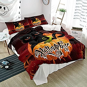 Halloween Twin Duvet Covers Cute Cats with Pumpkins 3-Piece Bedding Sets Luxury Soft Microfiber Bed Comforter Protector with Pillow Cases for Women Men Girl Boy Spooky Night Moon