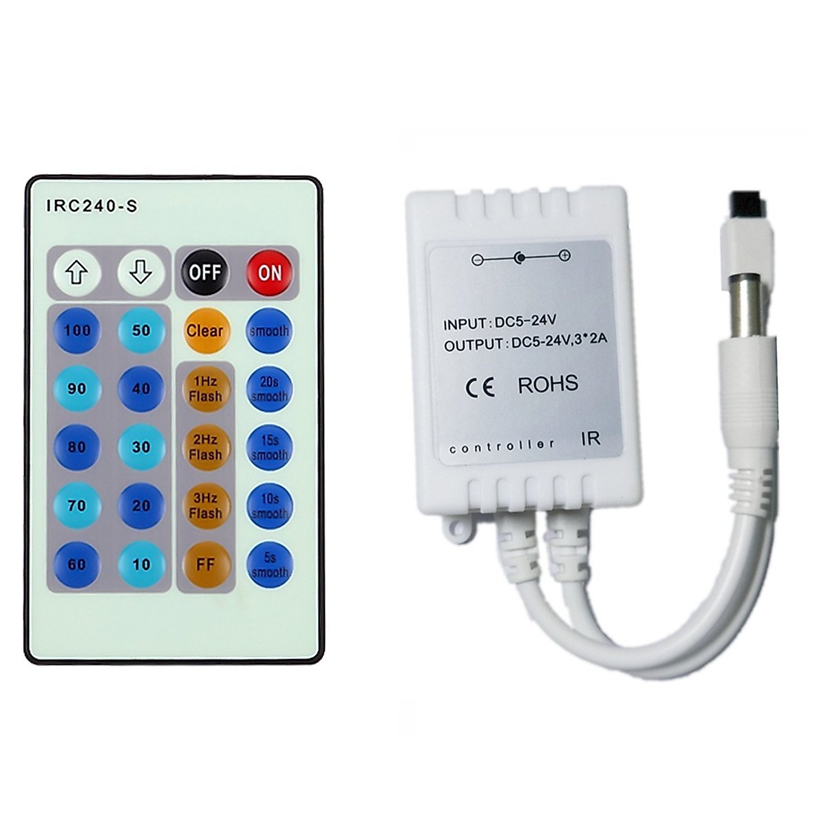 Xking IRC240-S 24 Key IR Remote Led Dimmer Controller for 5050 3528 5630 Single Color Flexible Led Strip Rope Lights Dimmer，12v 6a,DC5.5 * 2.1mm Port