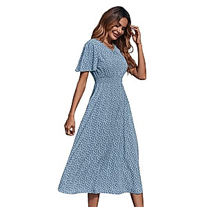 Floerns Women's Short Sleeve Boho Floral Dress A Line Smocked Midi Dress A Blue L