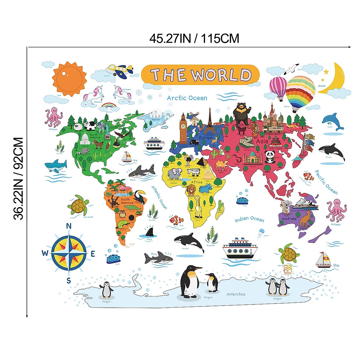 Removable Cartoon Animals World Map Wall Decals Large Educational Animal Landmarks World Map Peel & Stick Wall Sticker Decor for Kids Bedroom Living Room Classroom Nursery Home Walls (L 36"x45")