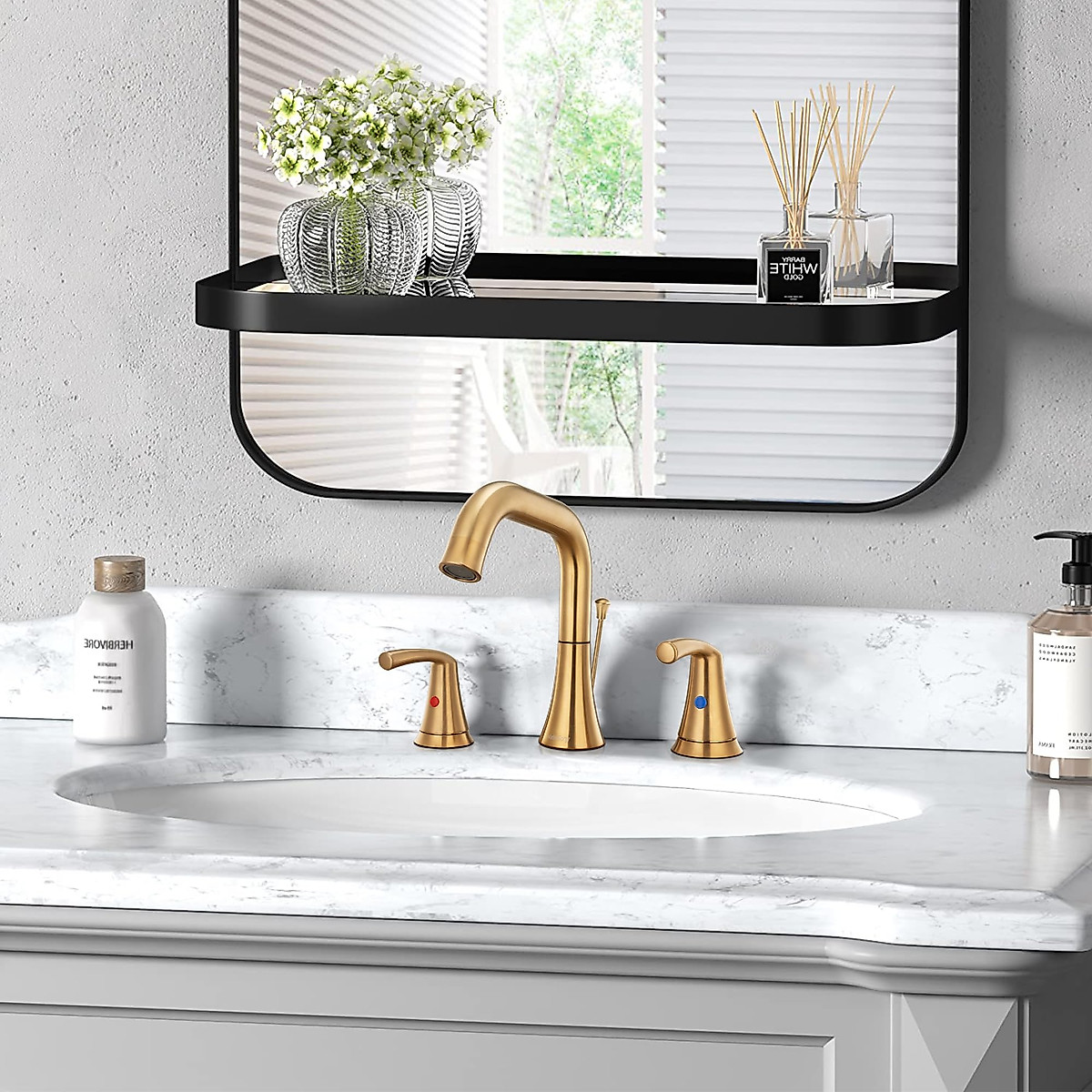 WaterSong Bathroom Sink Faucet, Brushed Gold Bathroom Faucet 3 Hole, 8 Inch Widespread Bathroom Faucet with Pop up Drain Assembly, Two Handle Vanity Faucet