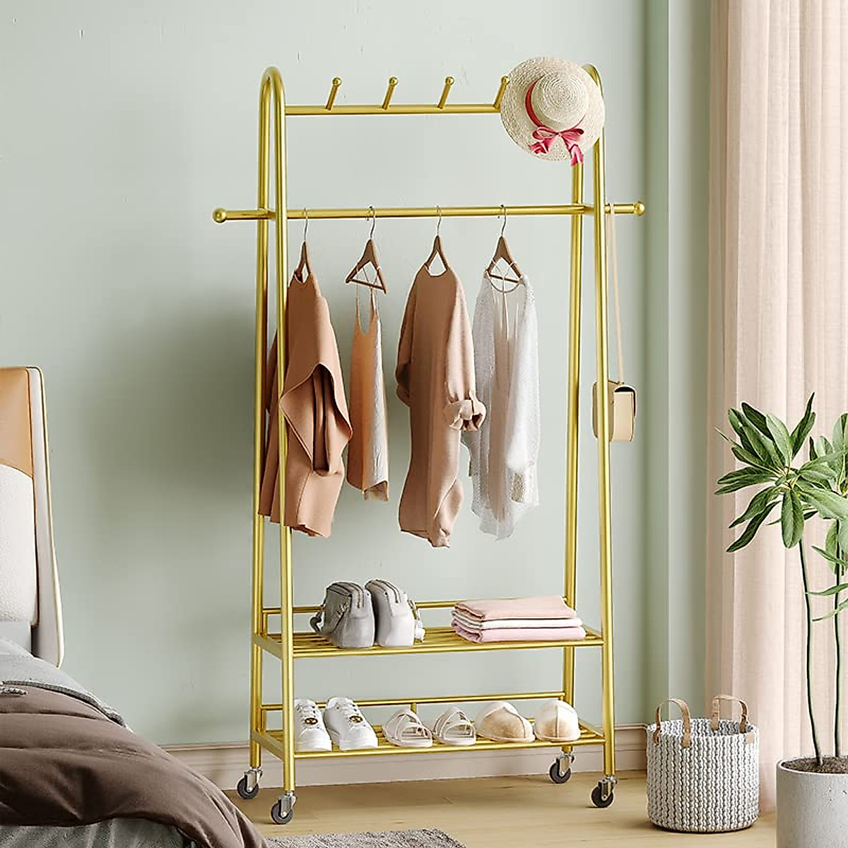 MAIKAILUN Clothes Rack Gold, Freestanding Coat Rack Modern Rolling Garment Rack with Wheels and Bottom Shelves, Industrial Heavy Duty Pipe Clothing Rack Wardrobe Closet for Boutique Display (39" L)