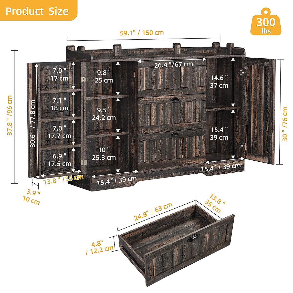 DWVO Farmhouse Sideboard Buffet Cabinet with Storage, 59" Kitchen Pantry Storage Cabinet with 3 Drawers, Coffee Bar for Kitchen Living Room Dining Room, Dark Rustic Oak
