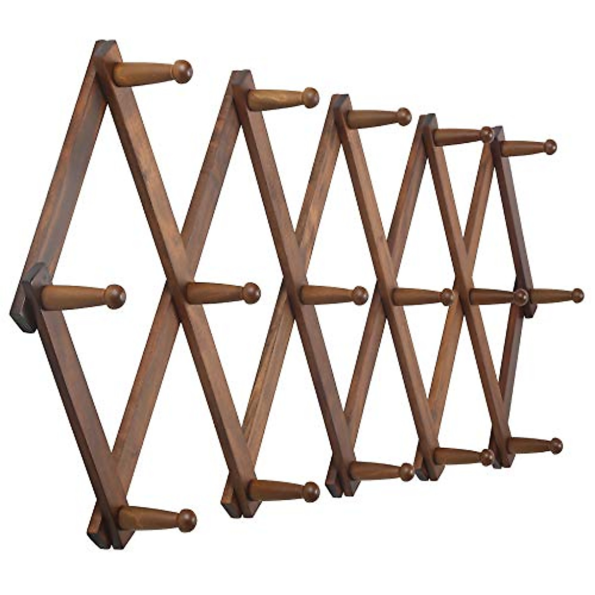 WEBI Accordian Wall Hanger,Expandable Wooden Coat Rack Wall Mounted,Hat Rack for Wall,Accordion Wall Rack for Hats,Caps,16 Peg Hooks,Rustic Brown