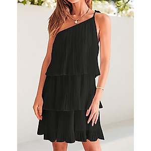 ZESICA Women's Boho Summer One Shoulder Sleeveless Ruffle Tiered Layered Chiffon Pleated A Line Flowy Mini Dress,Black,Medium