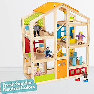 PIDOKO KIDS Skylar Wooden Dollhouse - Includes 20 Pcs Furniture Accessories, 5 Family Dolls and a Pet Dog - Wood Doll House for 3 4-5 Year Old Girls & Boys