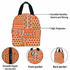 Custom Boys Insulated Lunch Bag with Name Reusable Lunch Bag for Teen Orange Basketball Personalized Lunch Totes Bags Cooler Lunch Bag for Kids Work School Picnic or Travel