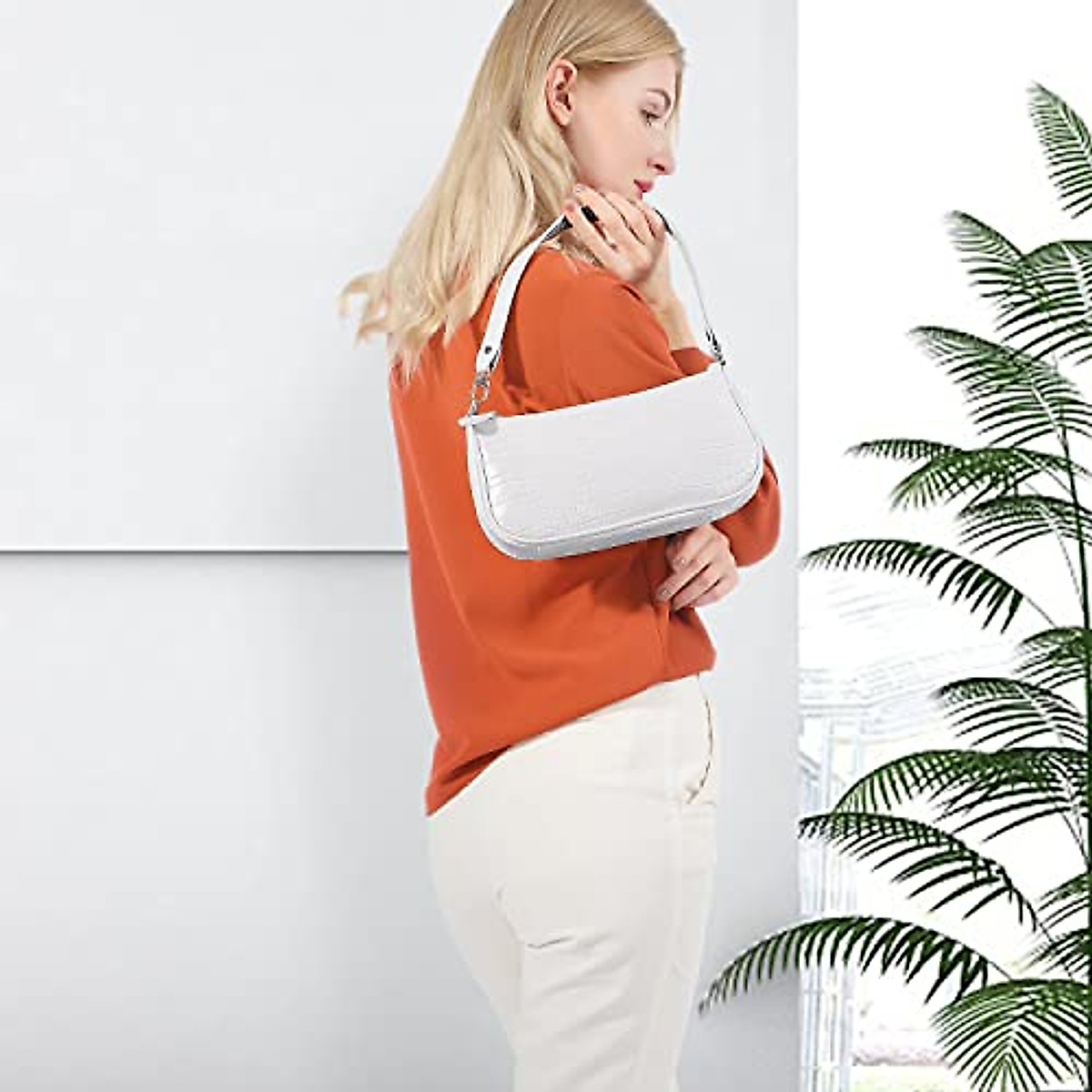 Loiral Shoulder Bags for Women, Retro Classic Tote HandBag Crocodile Pattern Clutch Mini Purse with Zipper Closure, White