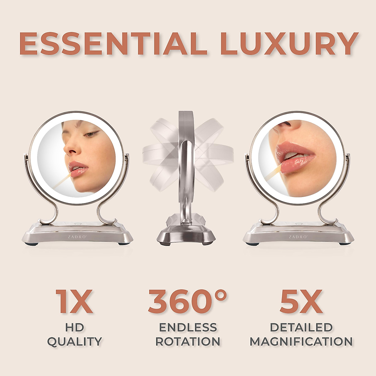 Zadro 12" Glamour LED Makeup Mirror with Lights and Magnification 5X/1X Touch Control Mirror with Lights for Makeup Desk (Satin Nickel)