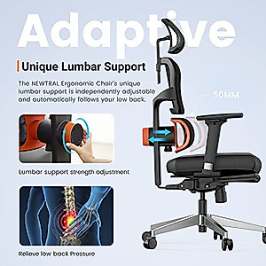 Newtral Ergonomic Office Chair with Footrest- High Back Desk Chair with Unique Adjustable Lumbar Support, Seat Depth Adjustment, Tilt Function, 4D Armrest Recliner Chair for Home Office