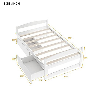 LostCat Twin Bed with Storage, Twin Size Daybed with 2 Drawers, Wood Storage Bed Frame, Twin Size White Bed Frame with Storage, Solid Pinewood Bedframe with Drawers, No Box Spring Needed, White