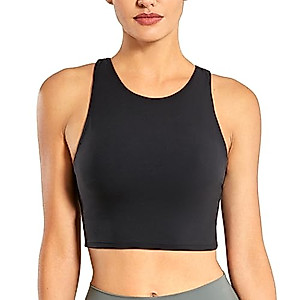 CRZ YOGA Women's High Neck Longline Sports Bra - Padded Racerback Yoga Bra Crop Tank Top with Built in Shelf Bra Black Medium