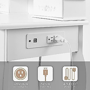 JIFULI Modern Vanity Table Set with Lighted Mirror & Power Outlet, Makeup Table with 4 Drawer, Embedded Lights Dressing Vanity Table with Cushioned Stool for Bedroom, White