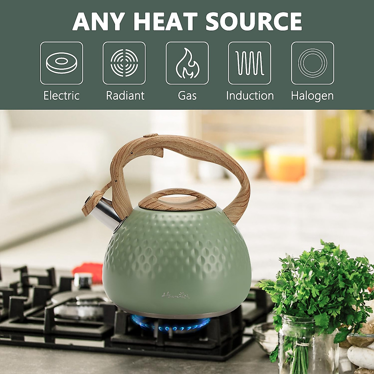 harriet Tea Kettle, Tea Pot for Stovetop, 2.5QT Whistling Kettle with 5-Layers bottom, Food Grade Stainless Steel Kettles with Hot-Resistant Handle Gas Electric Applicable, Green